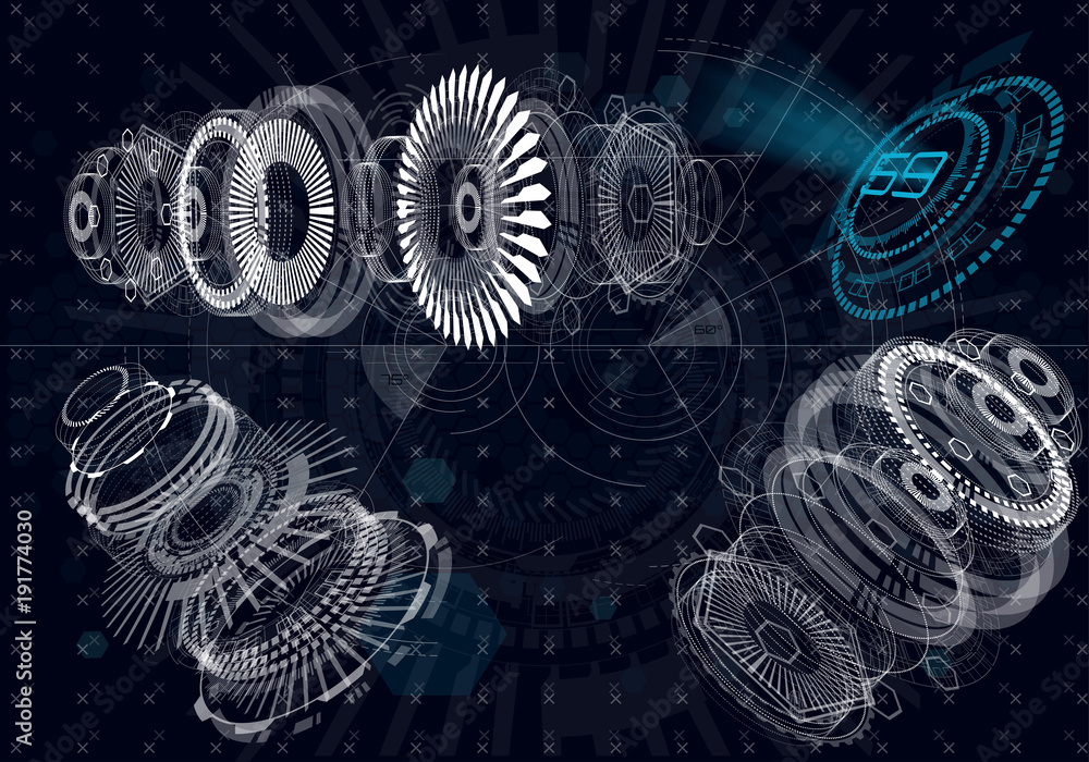 Mechanical diagram, vector drawing with circles and geometric parts of ...