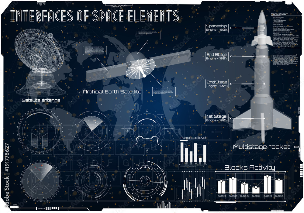 Space background HUD, space rocket of spacecraft Ui, rocket vehicles ...