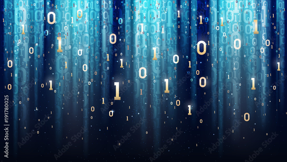 Dark blue background with binary code, sequins, light rays, digits in ...