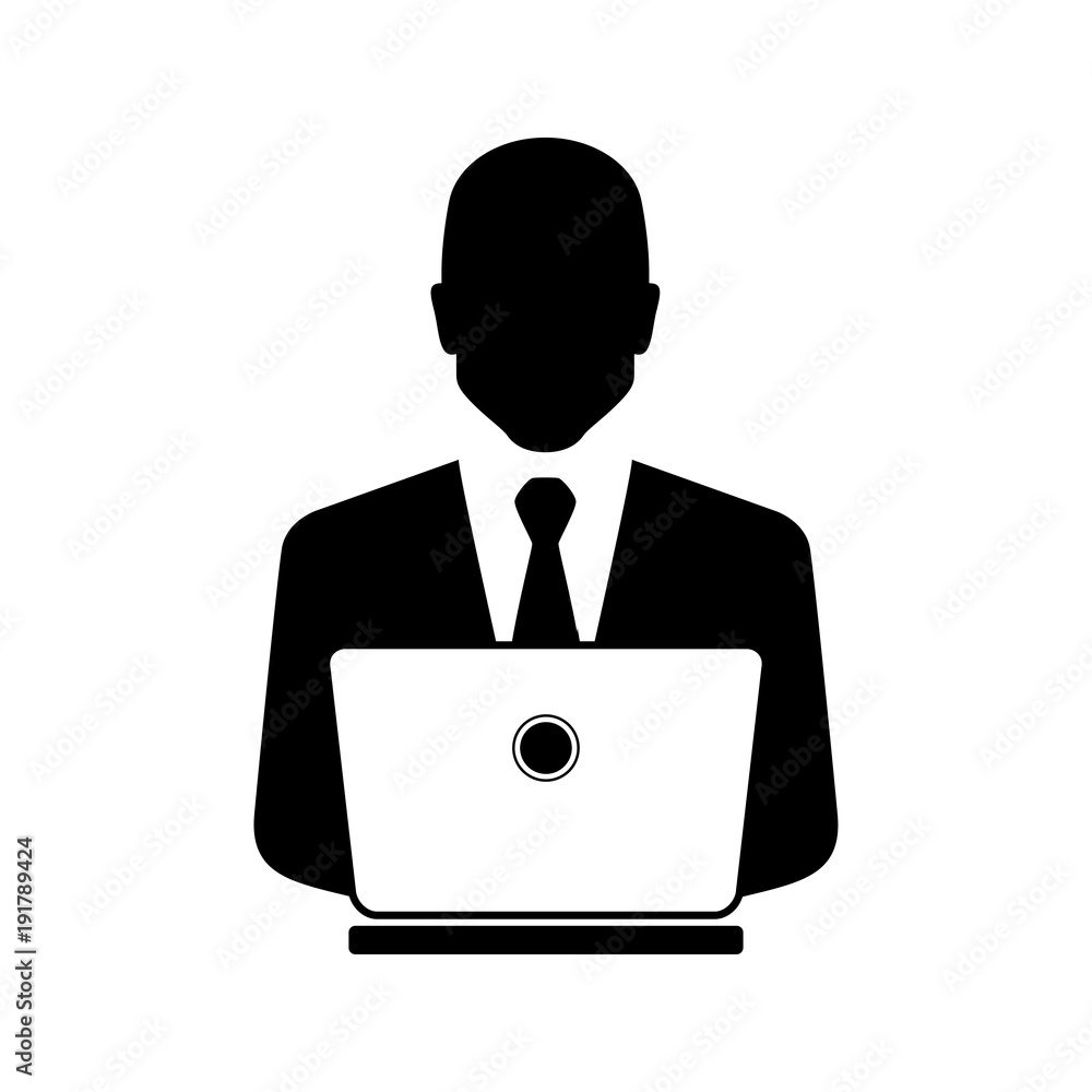 Vecteur Stock Icono plano hombre trabajando en ordenador en color negro ...