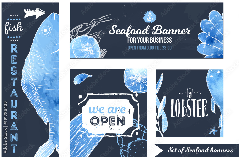 Set of seafood promotional banners for cafe, restaurant in social media ...