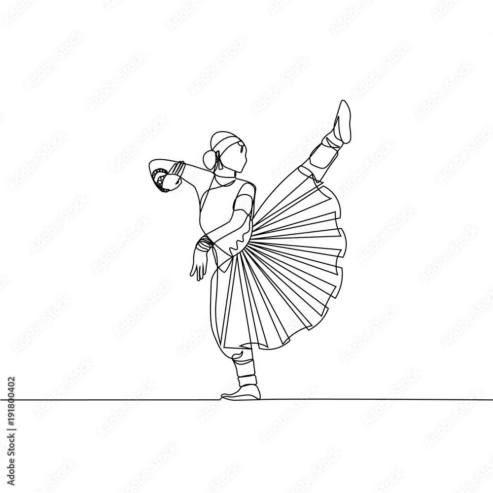 continuous line drawing. women's Indian dance. Alapadma – opened Lotus ...