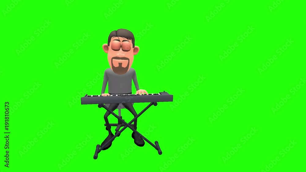 Animated male musician cartoon character plays keyboard in looping ...