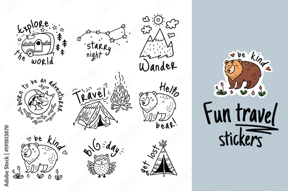 Big vector set of cartoon sticker for camping in outline Stock Vector ...