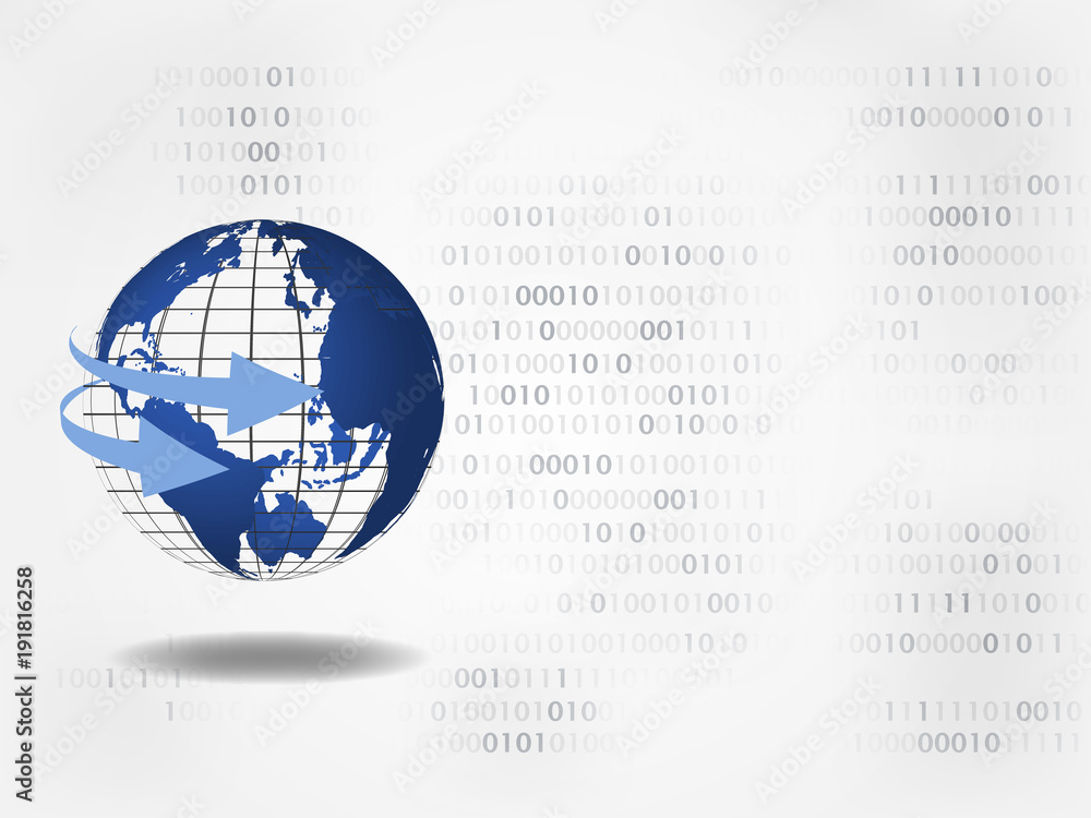 Technology Background. 3d sphere world map surrounding arrows on digits ...