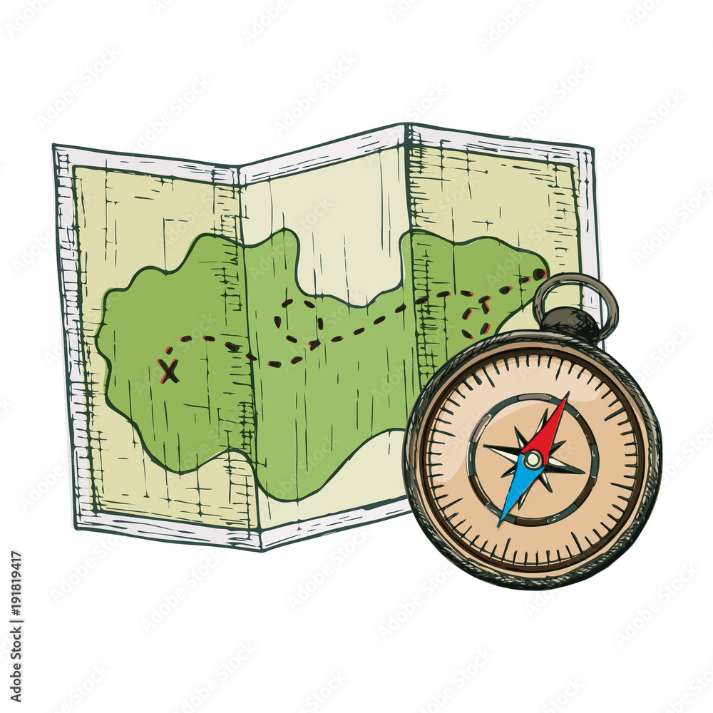 Map and compass for camping tourism, cartoon sketch illustration of ...