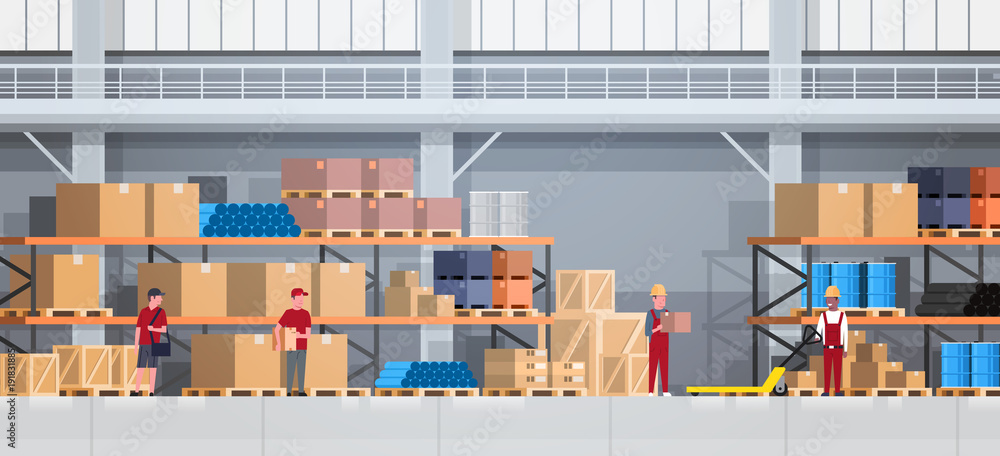 Warehouse Interior Box On Rack And People Working. Logistic Delivery ...