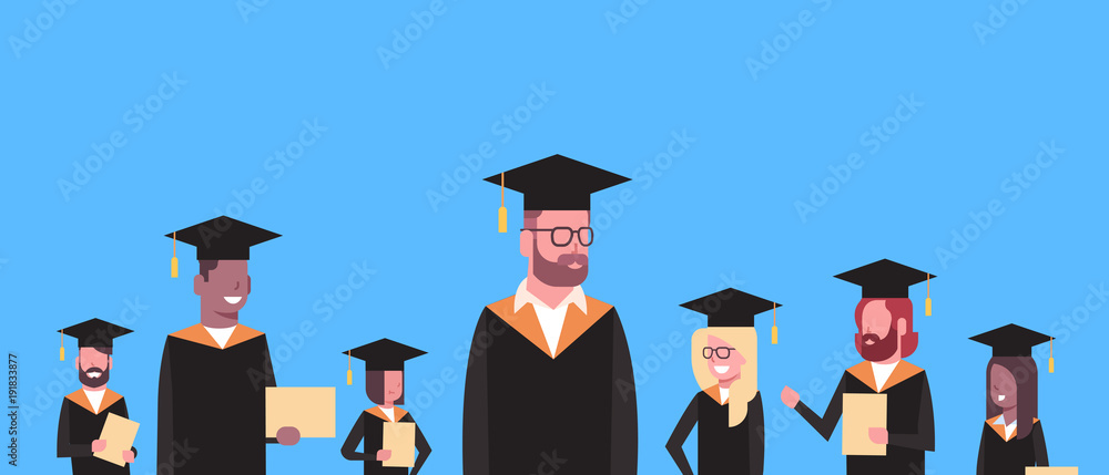 Group Of Mix Race Students In Graduation Cap And Gown Hold Diploma ...