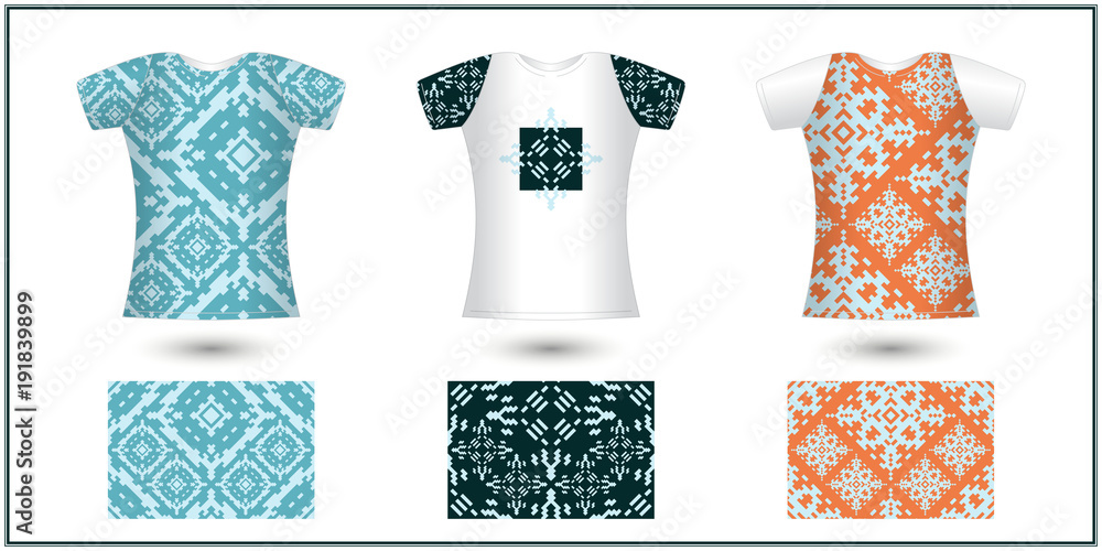 T-shirt mockup. Set of 3 seamless patterns. American Indian style ...