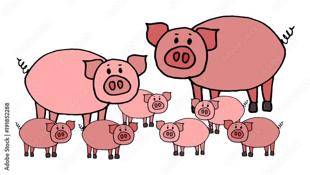 Cute kid easy vector illustration of pig family including mother ...