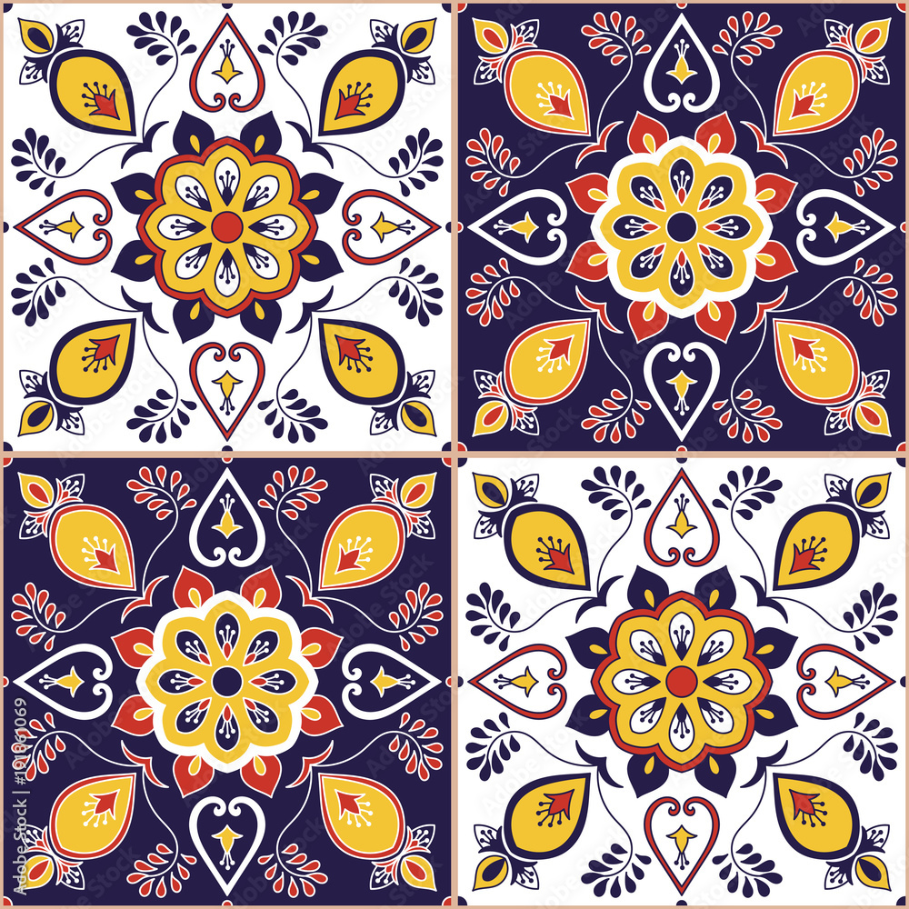 Italian tile pattern vector with baroque floral ornament. Portuguese ...