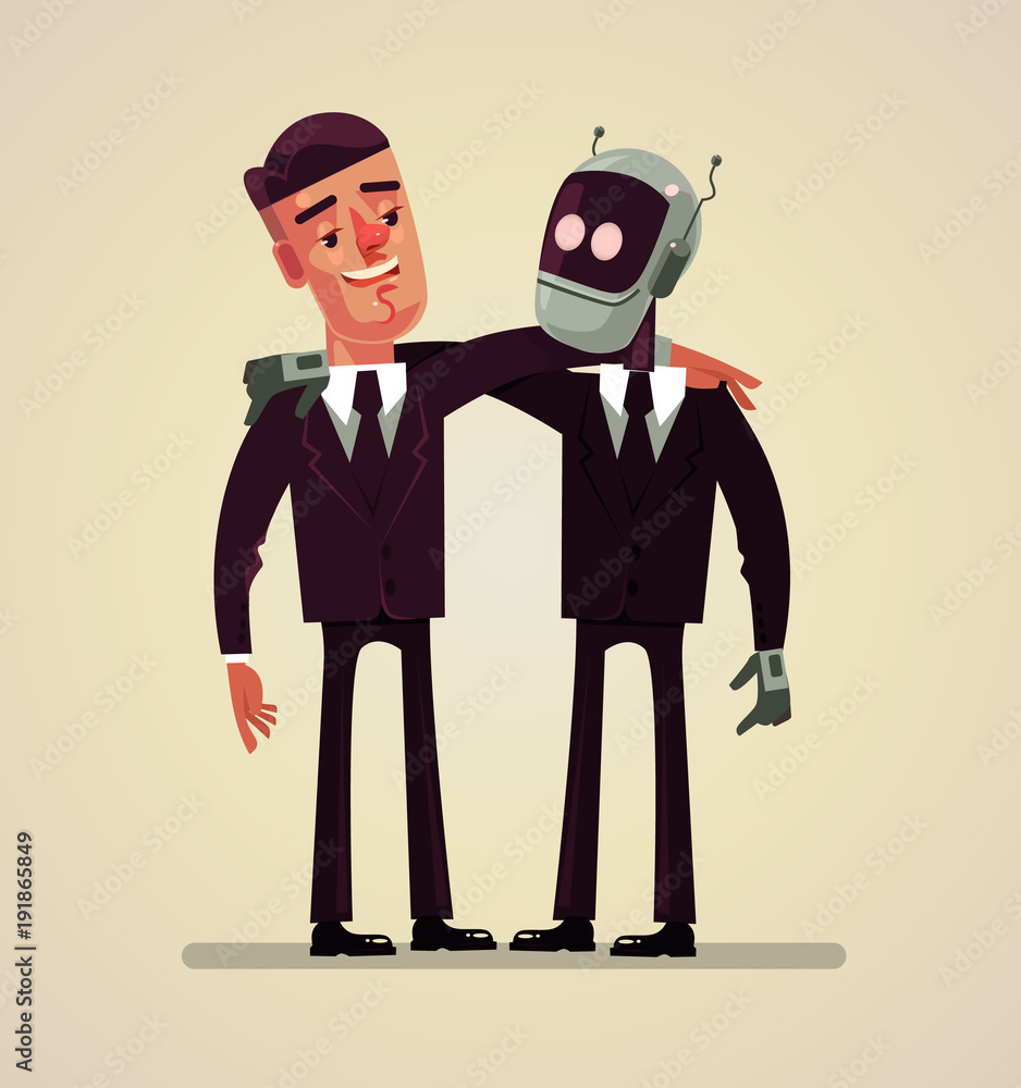 Office worker man and robot best friends. Vector flat cartoon ...