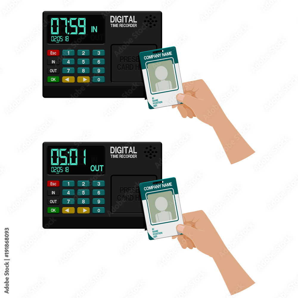 Hand which is registering working time with card on transparent ...