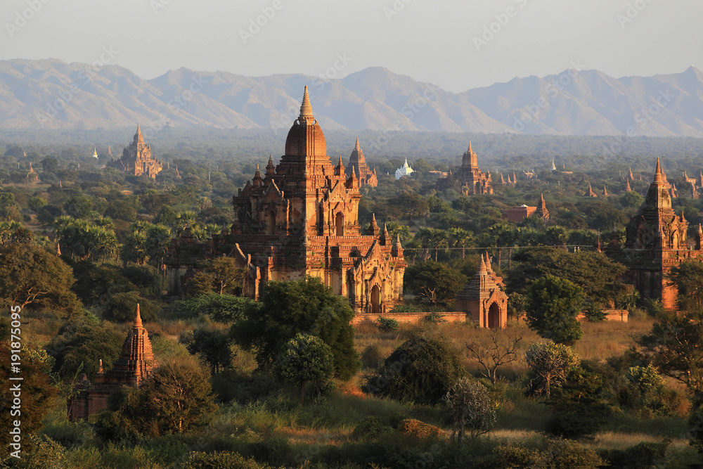 group of ancient pagodas at the scenic sunrise at bagan myanmar ...