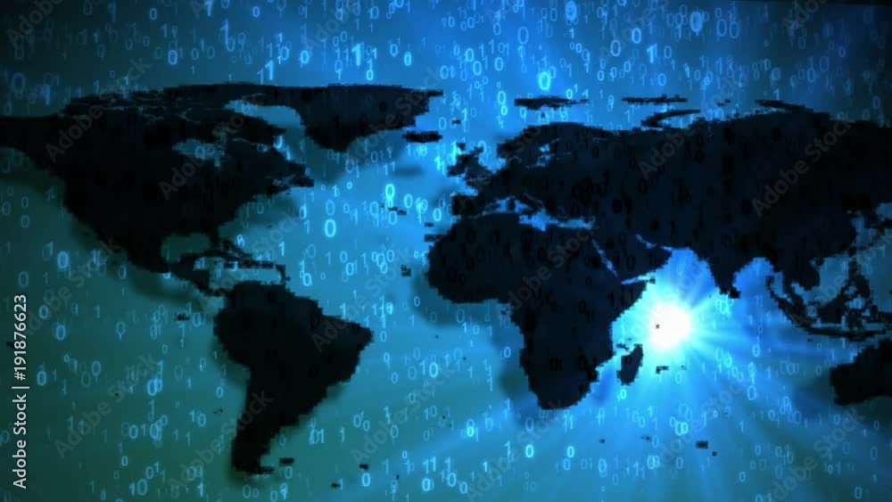 World map on animated top-down blue digits 0 and 1 binary code. Dark continents with shadows and ...