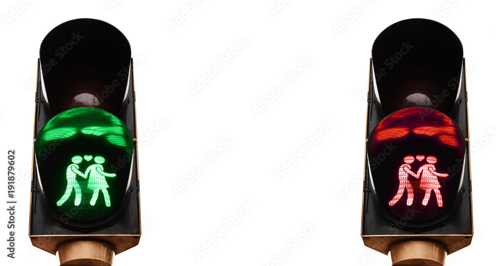 Lovely pedestrian traffic lights. Couple holding hands, traditional ...