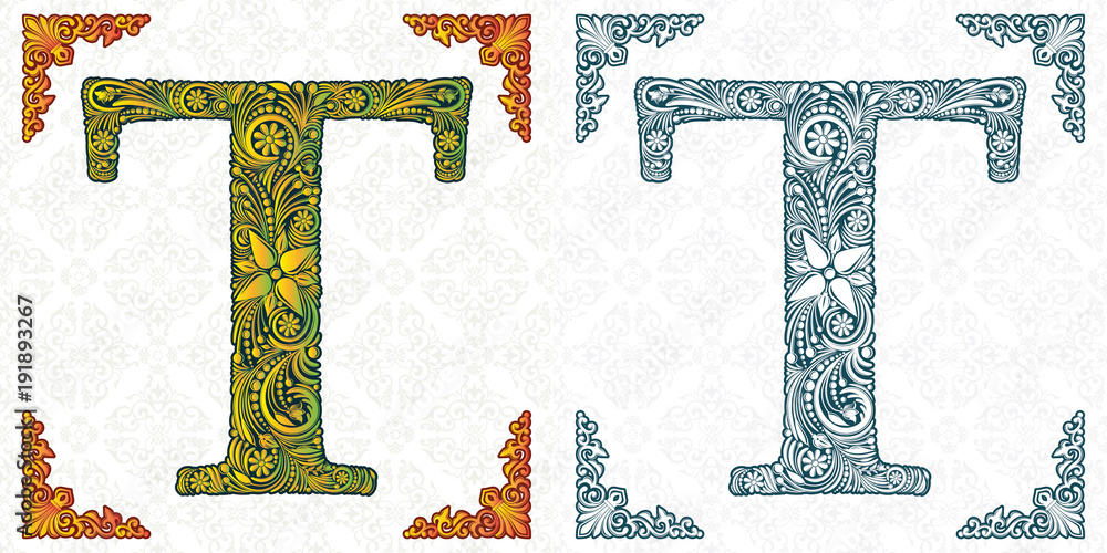 Vector letter T. Elegant patterned font. Monogram. Alphabet from leaf ...