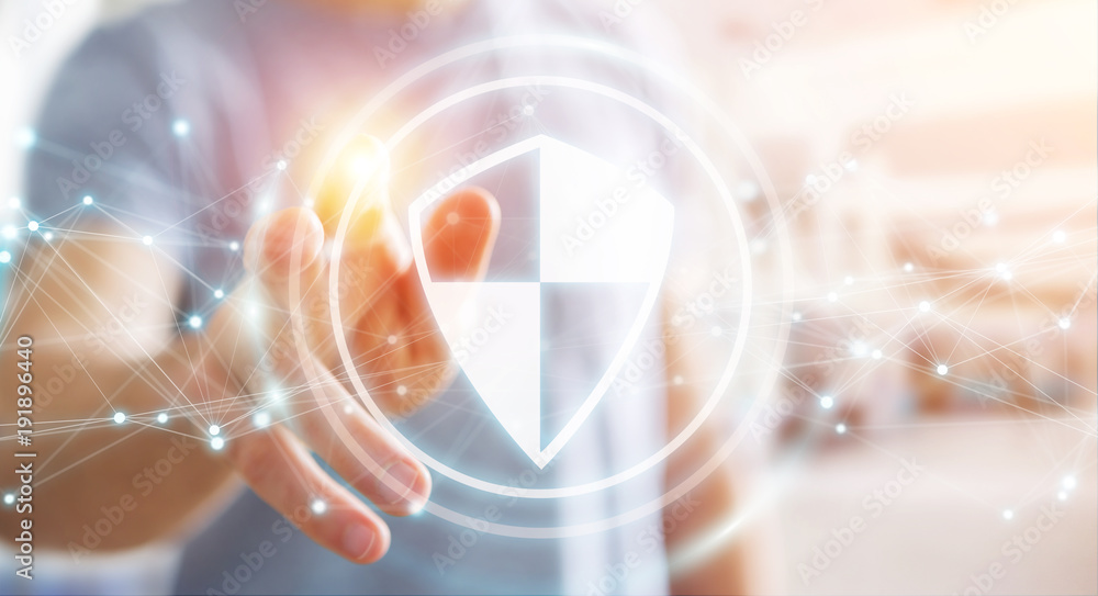 Businessman using shield safe protection with connections 3D rendering ...