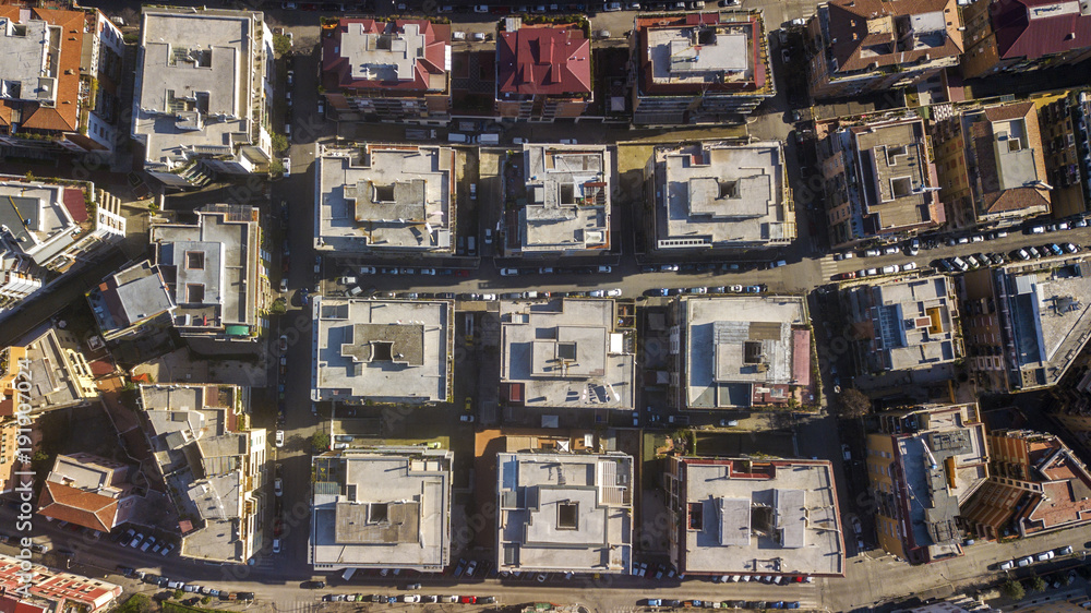 Perpendicular aerial view of a group of buildings in the Tuscolana ...