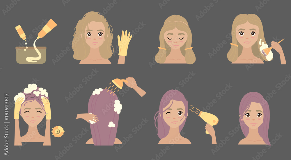 Hair coloring and styling process. Young girl shows 8 Steps of how to ...