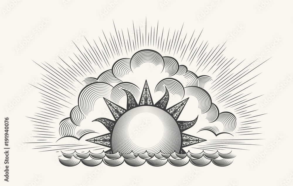 Sunrise engraving illustration. Vintage engraved sky vector with waves ...