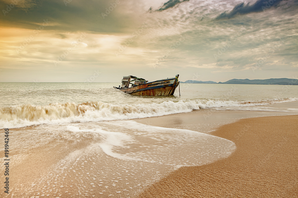 old wreck boat on abandoned sea beach Stock Photo | Adobe Stock