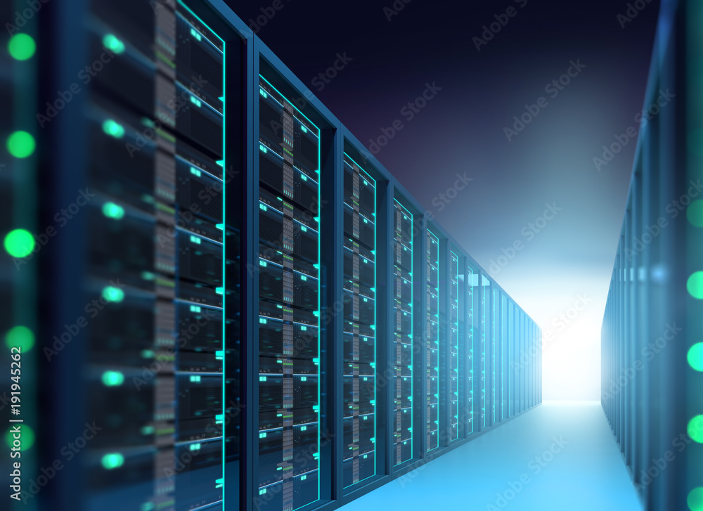 Corridor of server room with server racks in datacenter. 3d ...