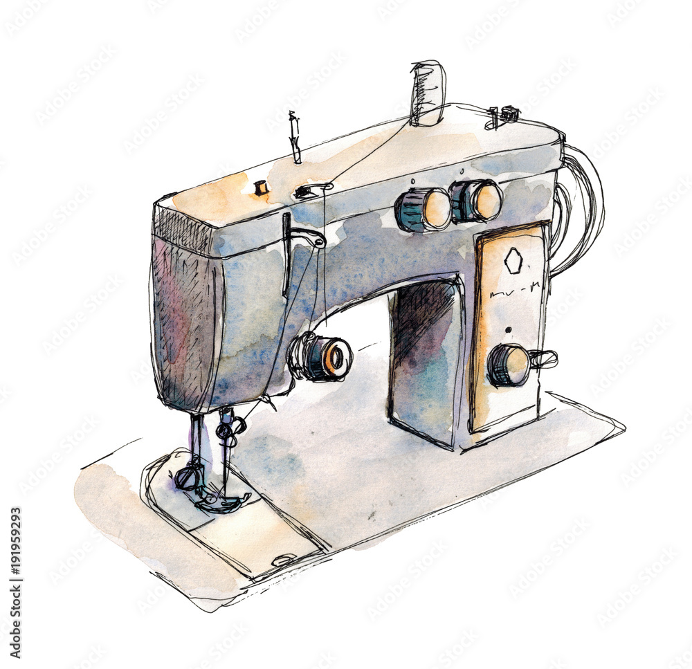 Watercolor hand drawn sketch illustration of sewing machine isolated on ...