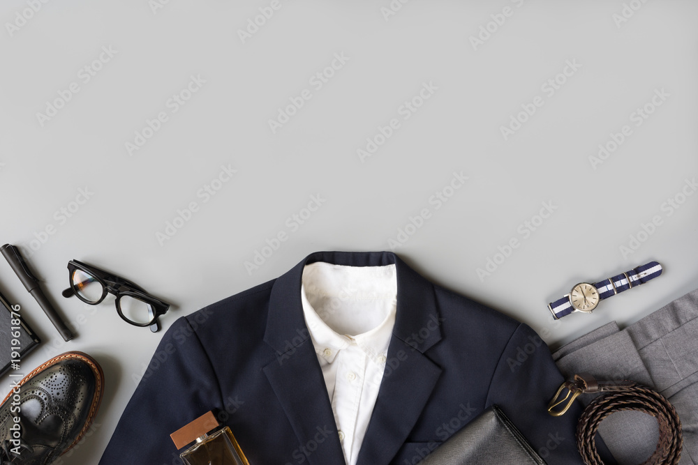 Top view of business clothing, Set of classic fashion and accessories ...