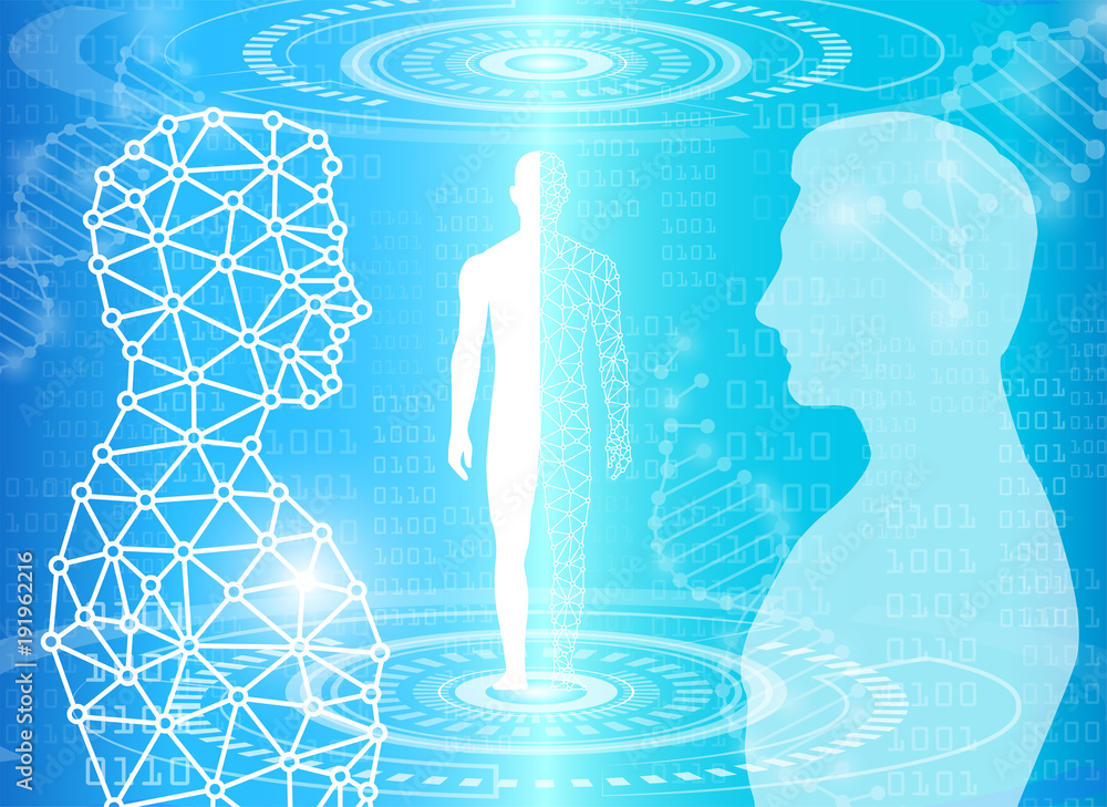 abstract background technology concept in blue light,brain and human ...