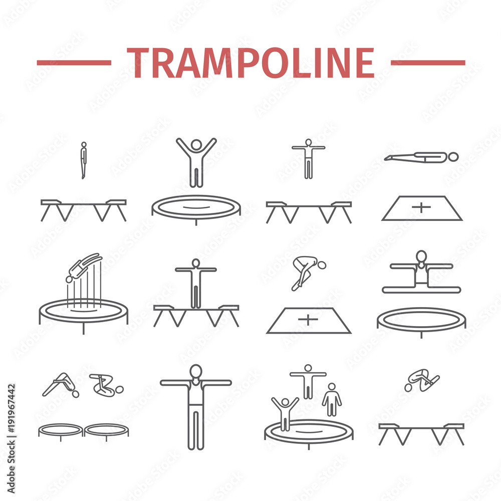 Trampoline jumping line icons. Acrobatics signs. Vector sports symbols ...