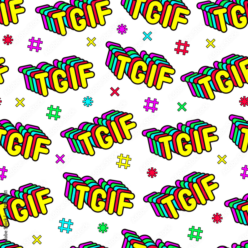 Seamless pattern with patches with words "TGIF" (the acronym for "Thank ...