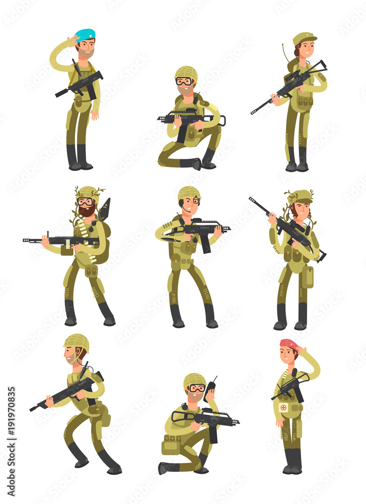 Cartoon soldiers in various actions. Military men with weapons. People ...