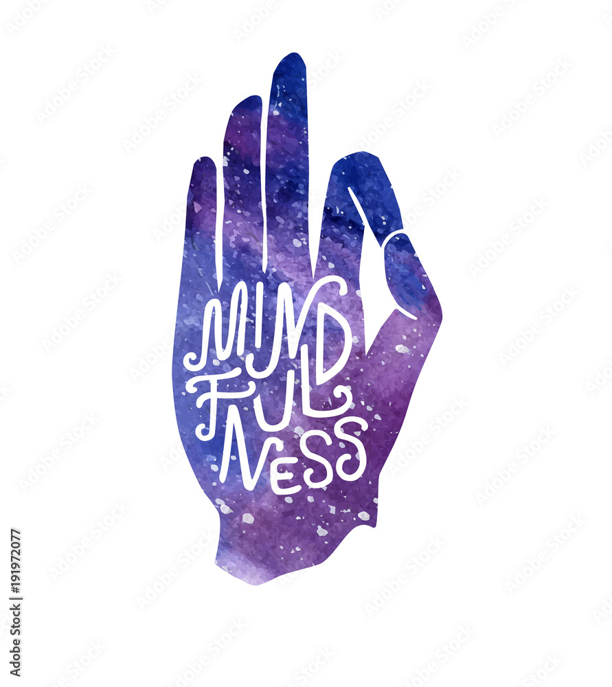 Mindfulness. Hand drawn illustration with hand in yoga pose and ...
