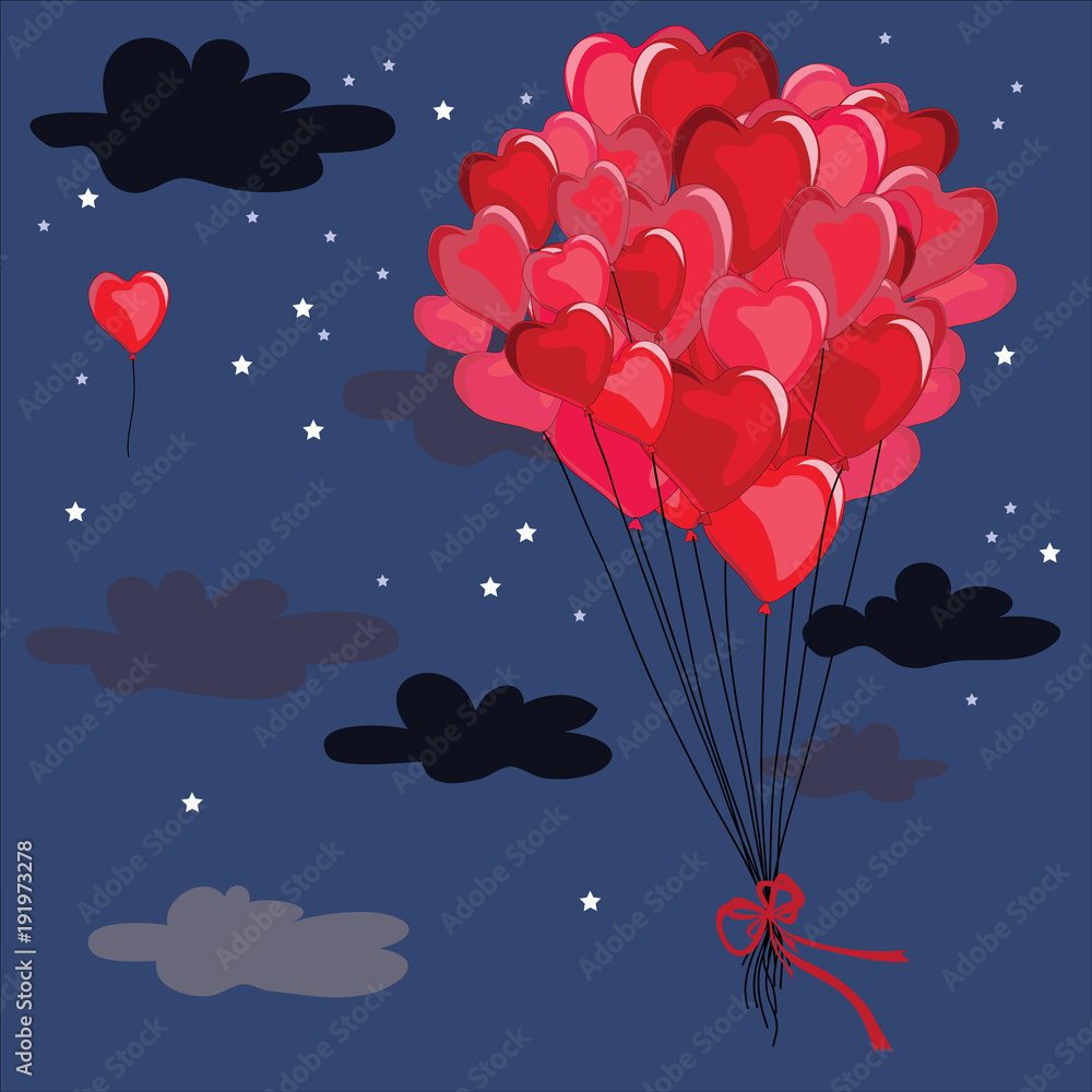 Red balloons in the shape of hearts flying in the sky among the clouds ...