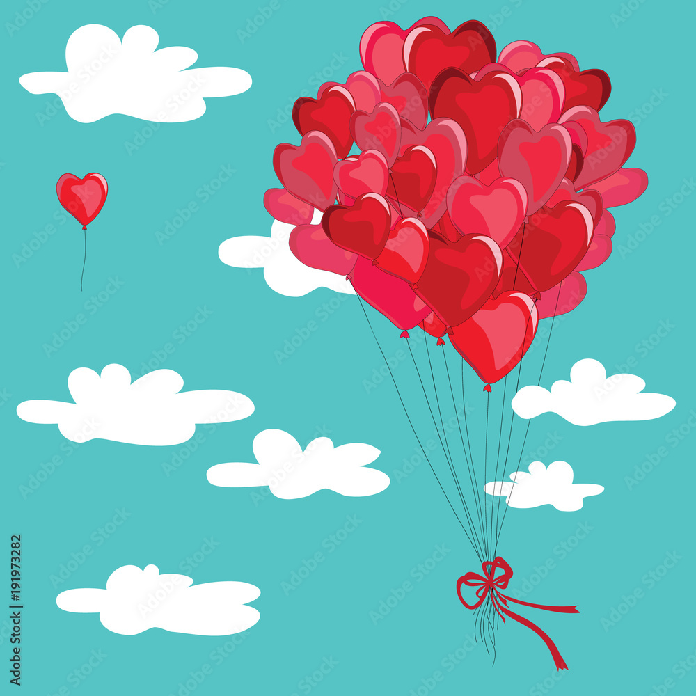 Red balloons in the shape of hearts flying in the sky among the clouds ...