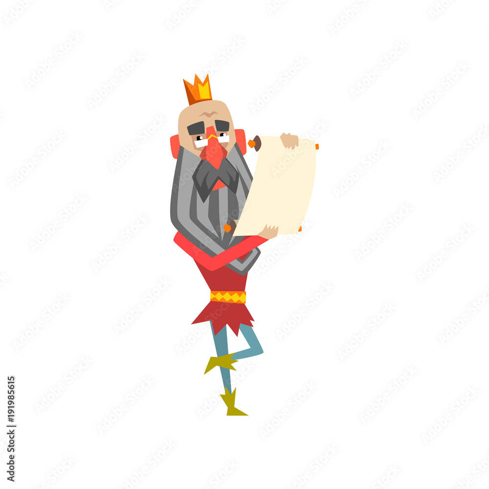 Funny king character holding paper scroll, king making an announcement ...