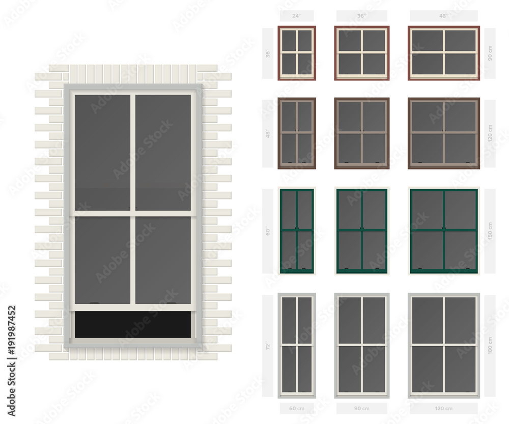 Vector single hung centre bar typical window set in different sizes and ...