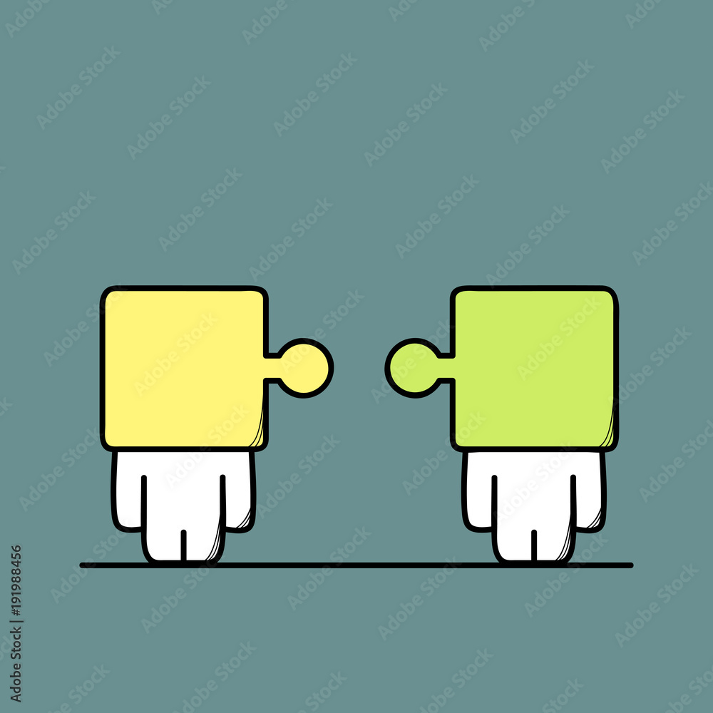 Funny cute men with the same pieces of the puzzle. Parts of jigsaw that ...