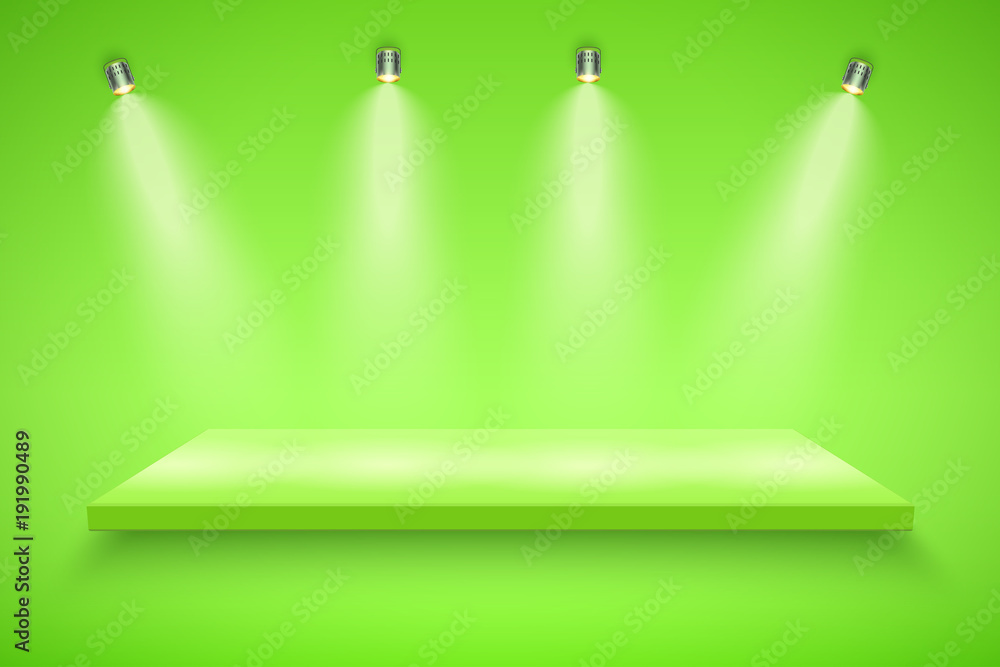 Light box with yellow platform on yellow backdrop with four spotlights ...