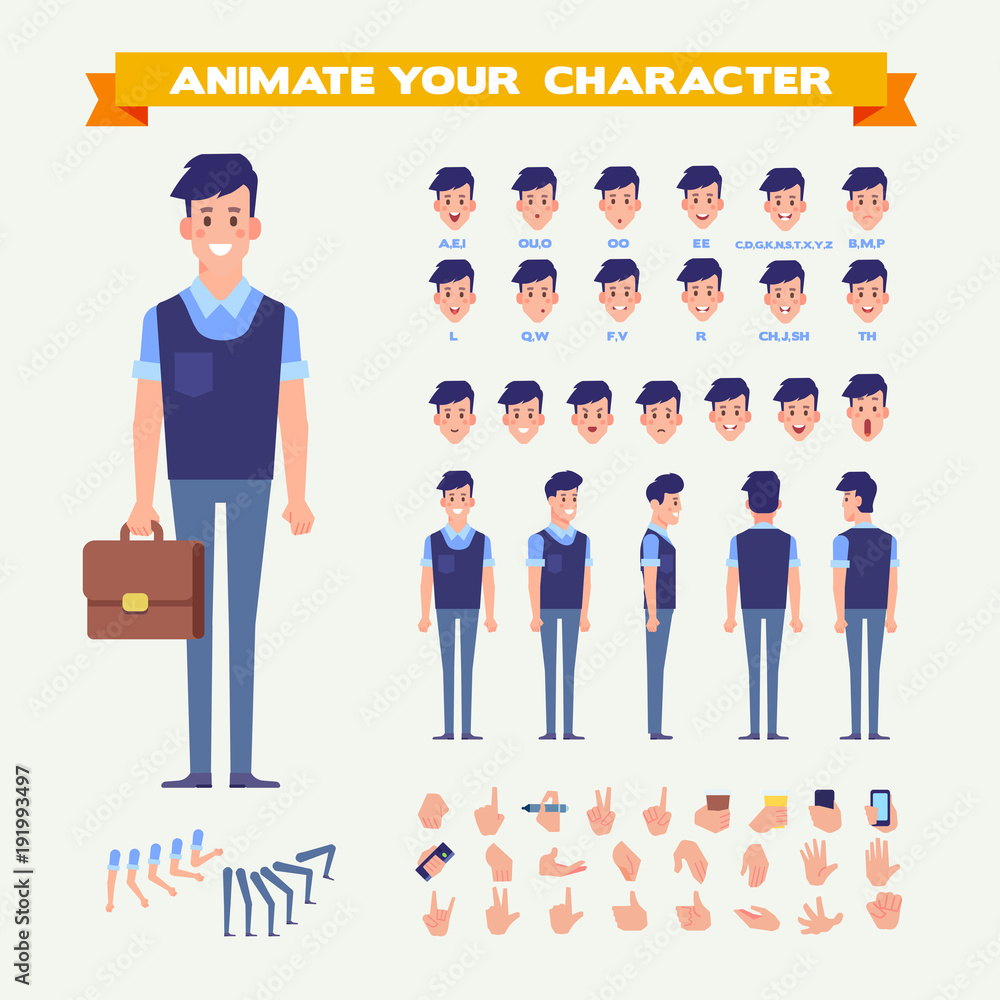 Vetor de Front, side, back view animated character. Manager character ...