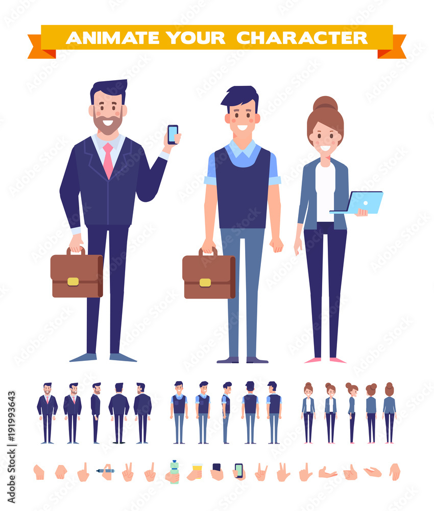 Front, side, back, 3/4 view animated characters. Business people ...