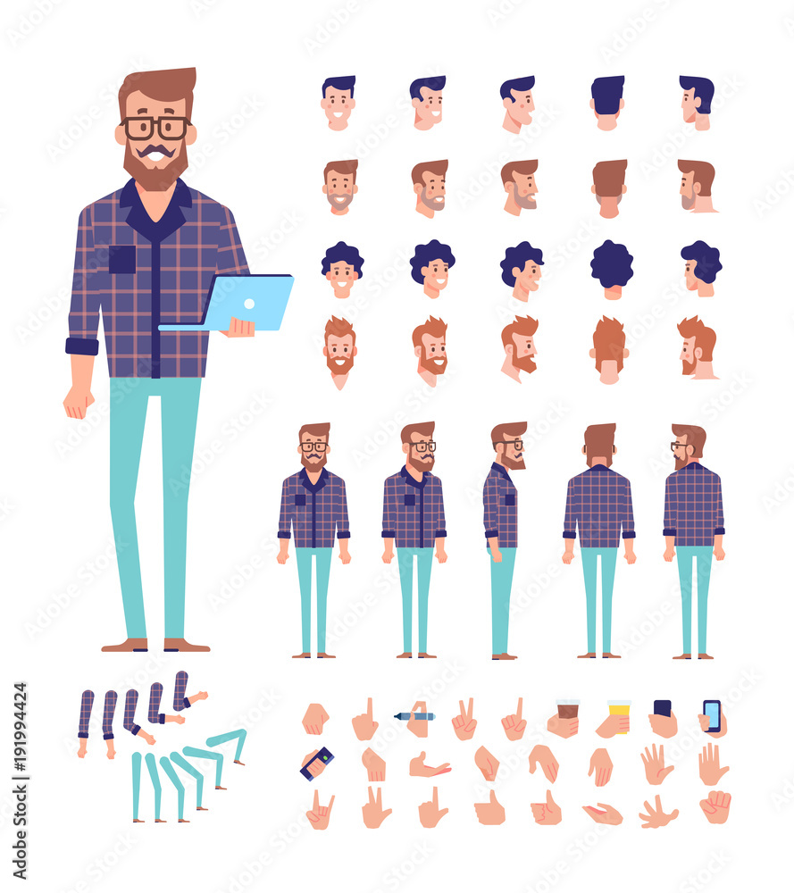 Front, side, back view animated character, separate parts of body ...