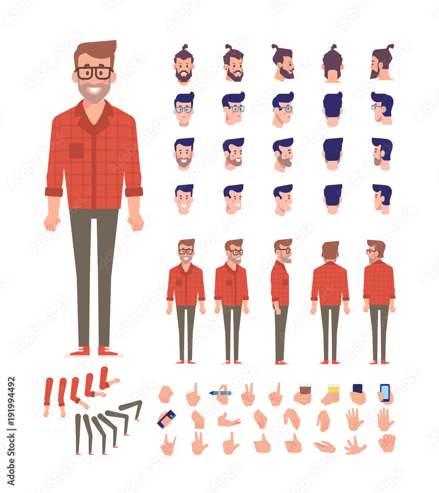 Front, side, back view animated character, separate parts of body ...