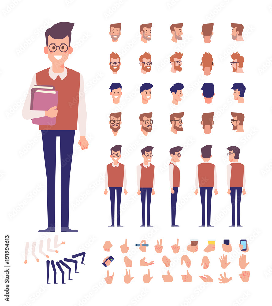Front, side, back, 3/4 view animaes characters. Young guy creation set ...