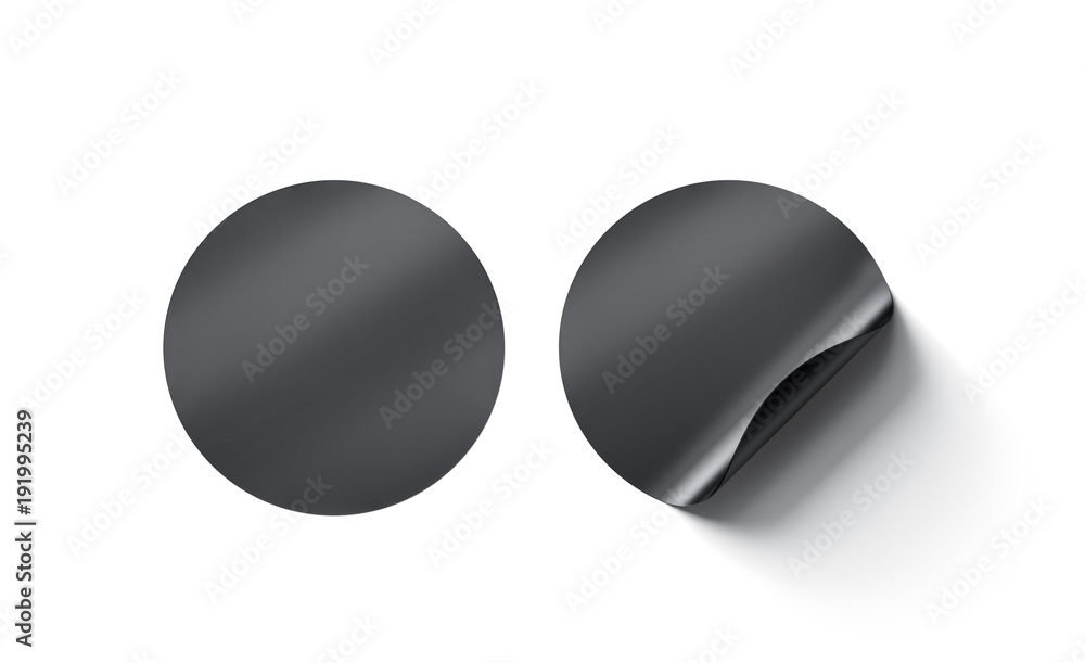 Blank black round adhesive stickers mock up with curved corner, 3d ...
