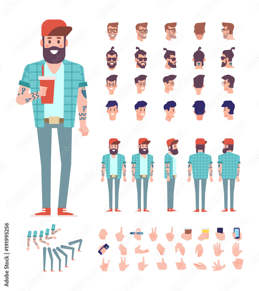 Front, side, back, 3/4 view animaes characters. Young guy creation set ...