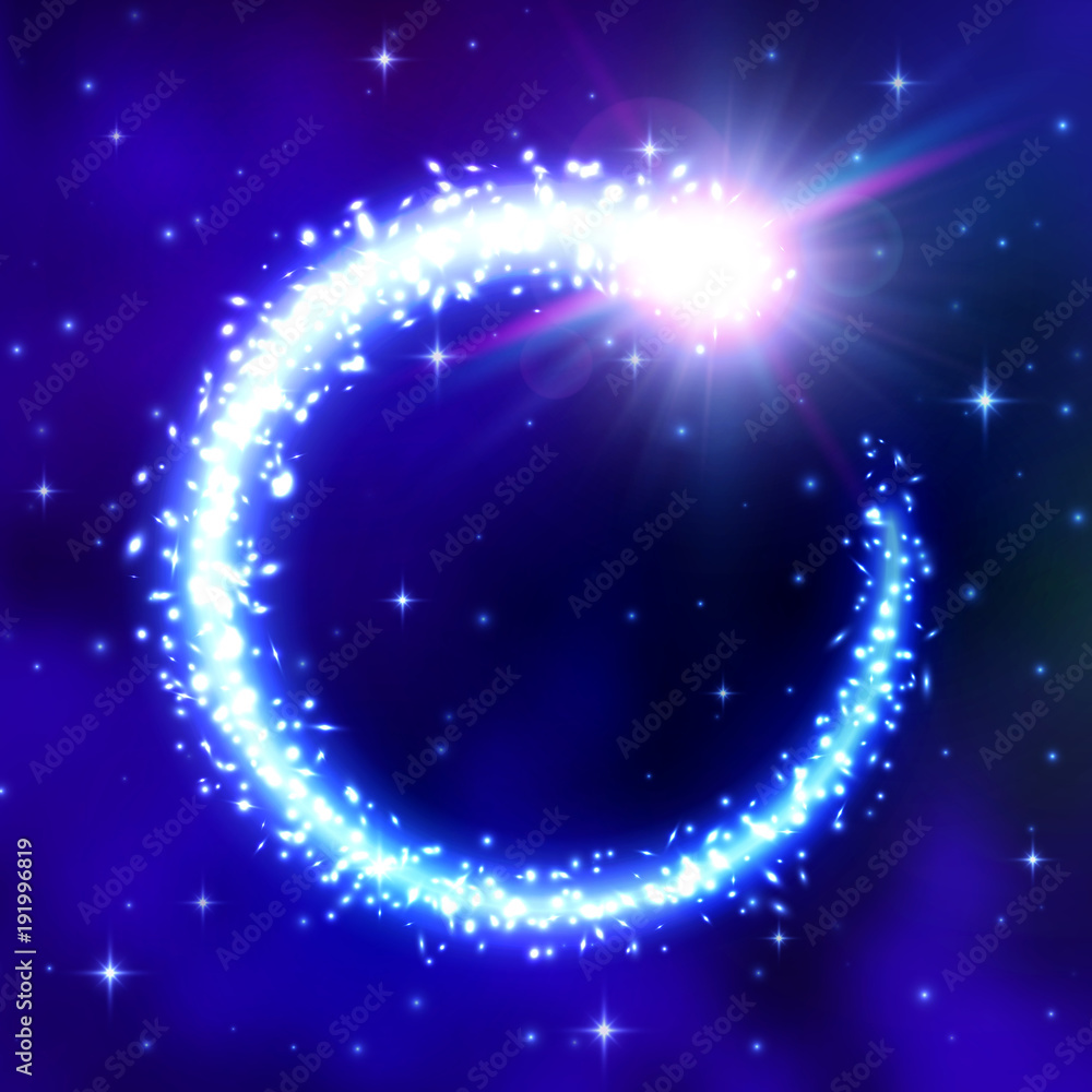 Glowing comet frame on blue space background with night cloudy sky ...