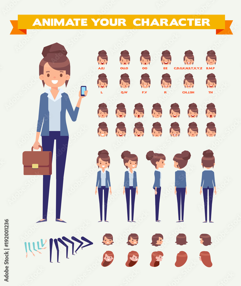 Front, side, back, 3/4 view animated character. Business woman ...