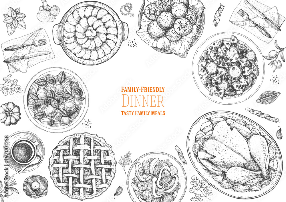 Family dinner top view, vector illustration. Friendly dinner table ...